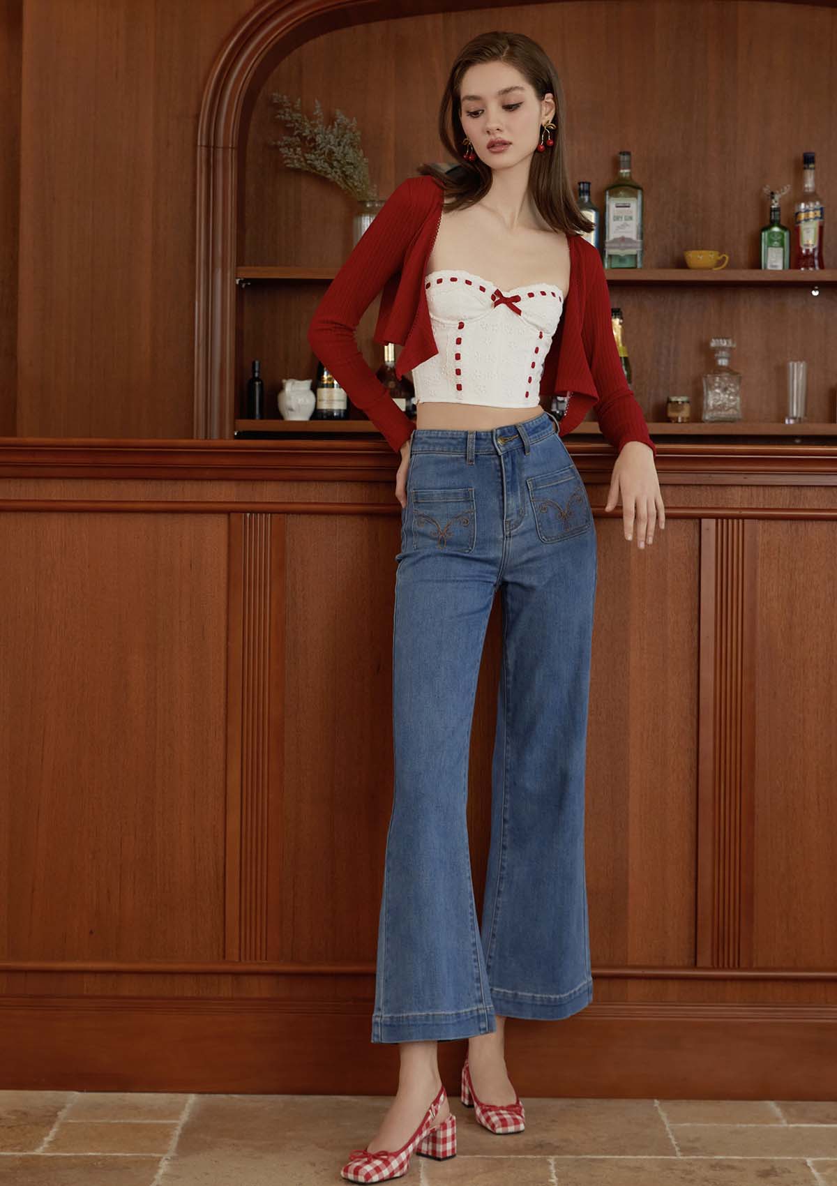 Classic Replica Women's Red and White Lace Corset Top with Herringbone ...